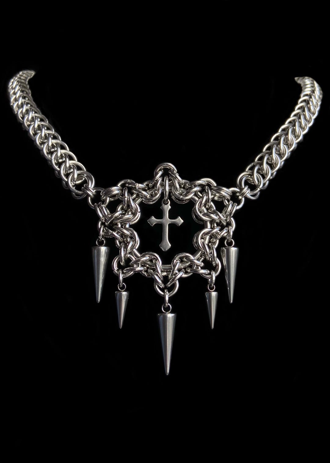 Spiked Chainmail Cross Necklace, Stainless Steel, Handmade, Gothic - Etsy