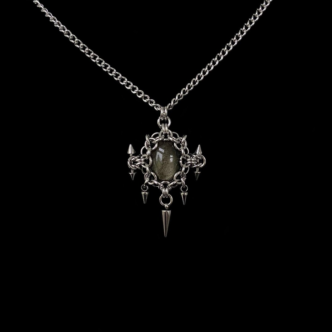 Golden Sheen Obsidian Chainmail Pendant Necklace, Stainless Steel ...