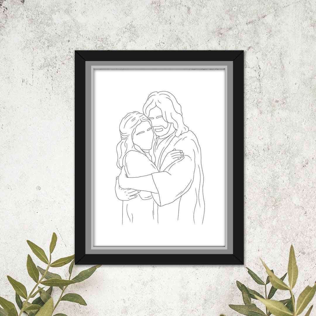 Christ's Embrace Line Art Print: Jesus Hugging Woman (digital Download ...