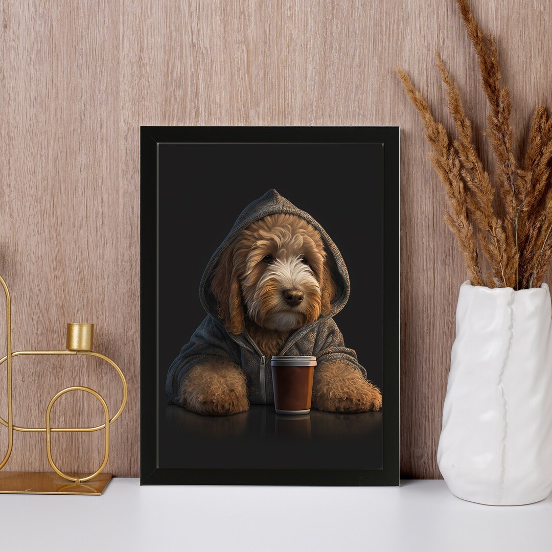 A Goldendoodle Wearing Hoodie Drinks His Coffee Home Decor Goldedoodle ...