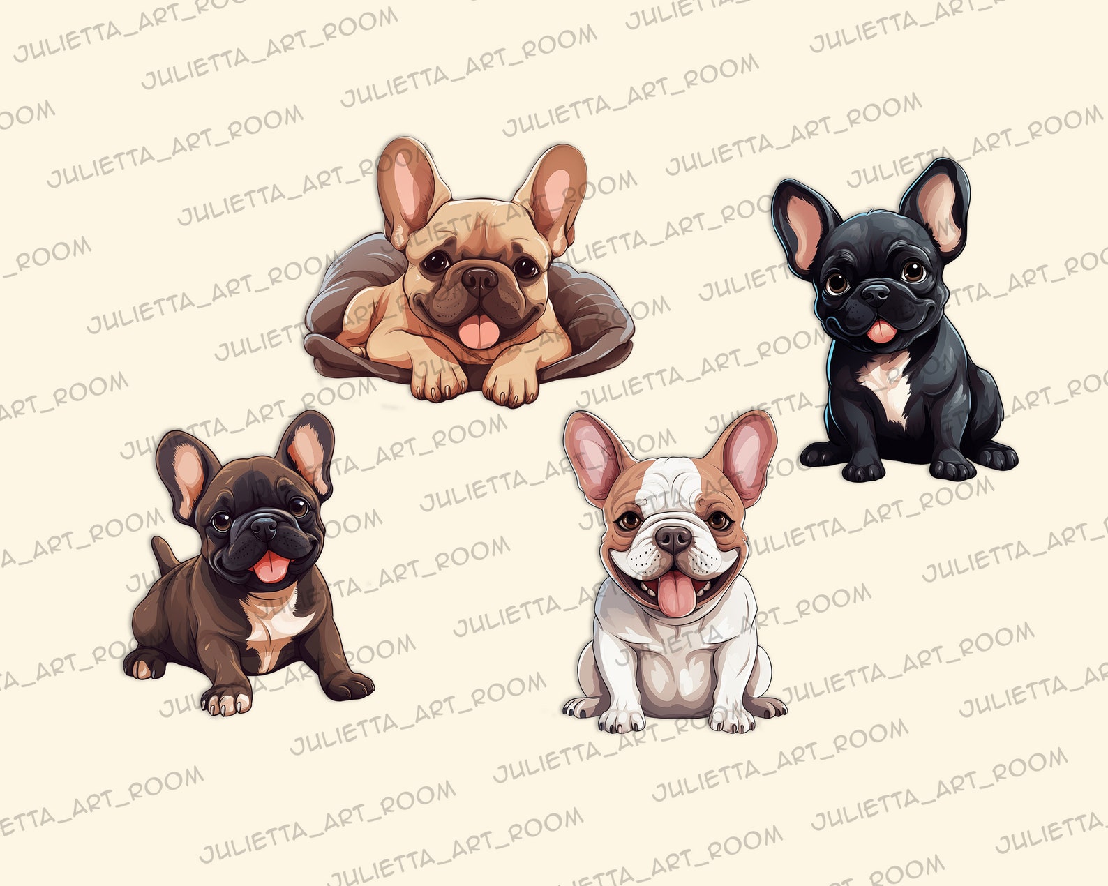 French Bulldog Cartoon Clipart, Frenchie Clip Art, Cute Dog Portrait ...