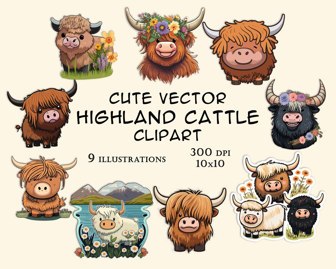 Highland Cow Vector Clipart - INSTANT DOWNLOAD - Scottish Highland Cow ...