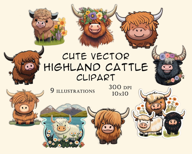 Highland Cow Vector Clipart INSTANT DOWNLOAD Scottish - Etsy