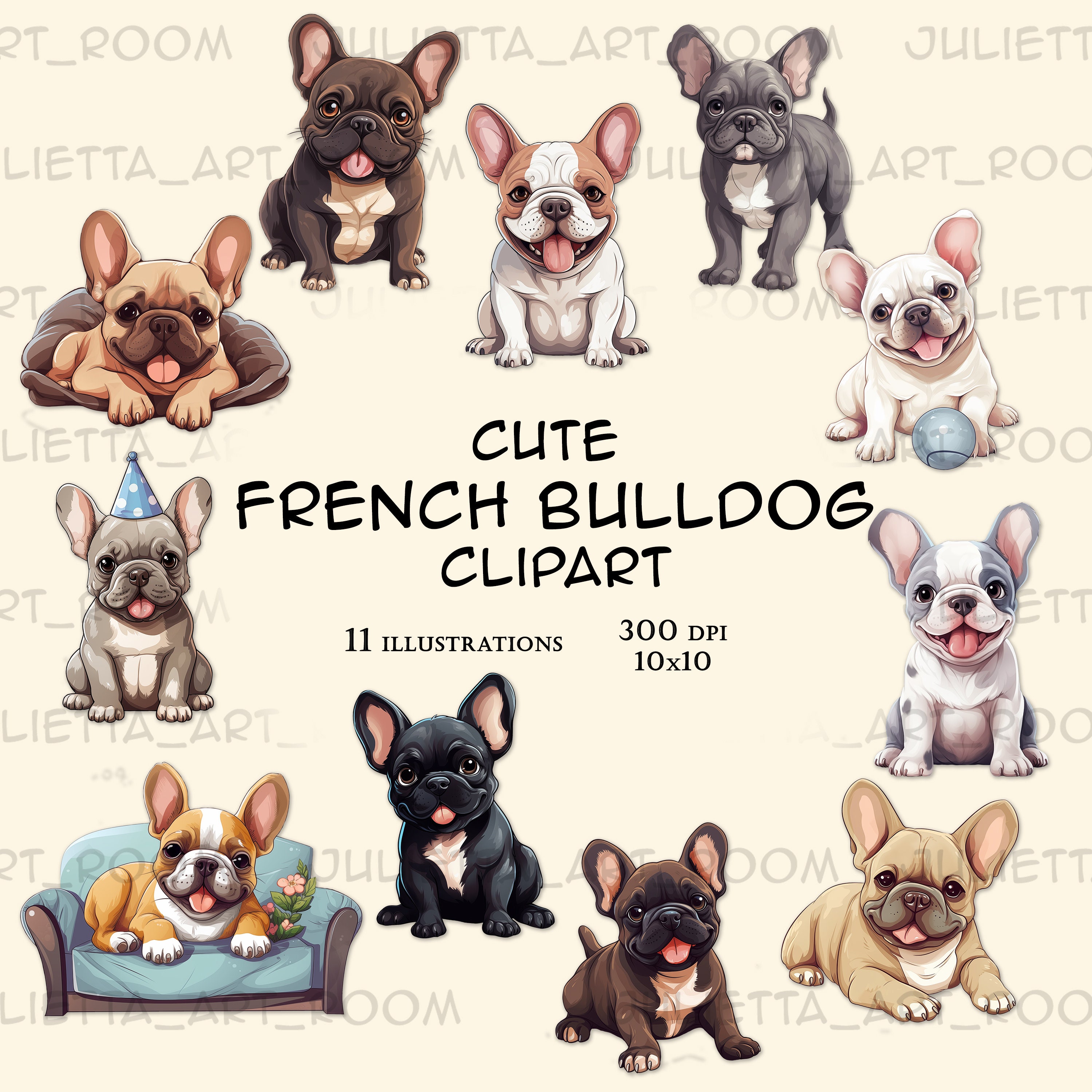 French Bulldog Cartoon Clipart, Frenchie Clip Art, Cute Dog Portrait ...