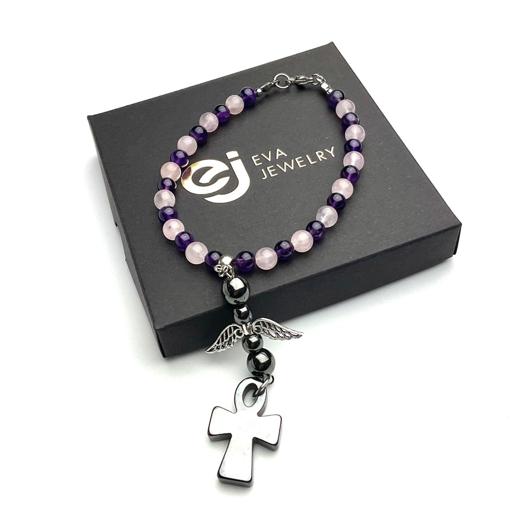 Hematite Cross Car Mirror Hanger, Rose Quartz Amethyst Stone Beads Car ...