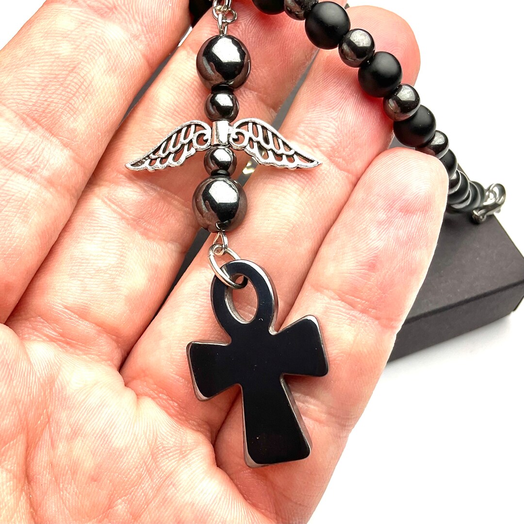 Hematite Cross Car Mirror Charm, Agate Stone Beads, Angel Wings Car ...
