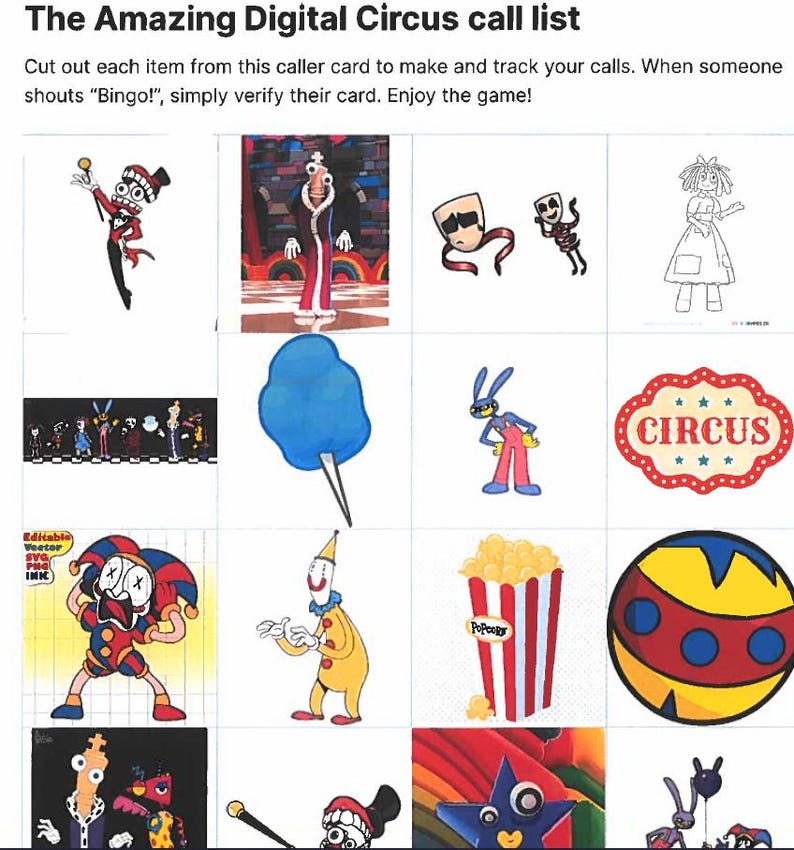 Amazing Digital Circus Bingo Game - 25 Cards (digital Download) - Etsy