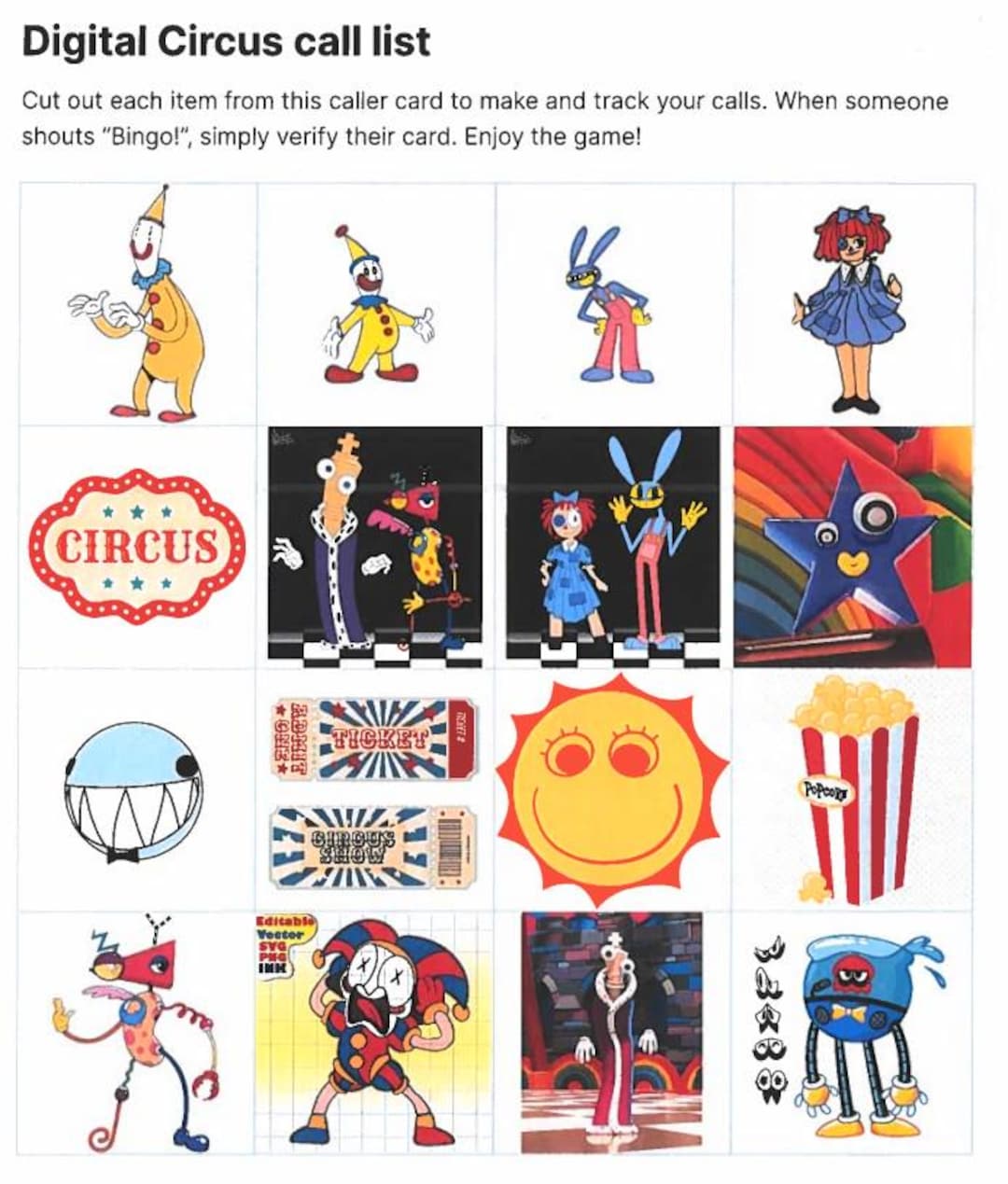 Digital Circus Bingo - Plain - Etsy