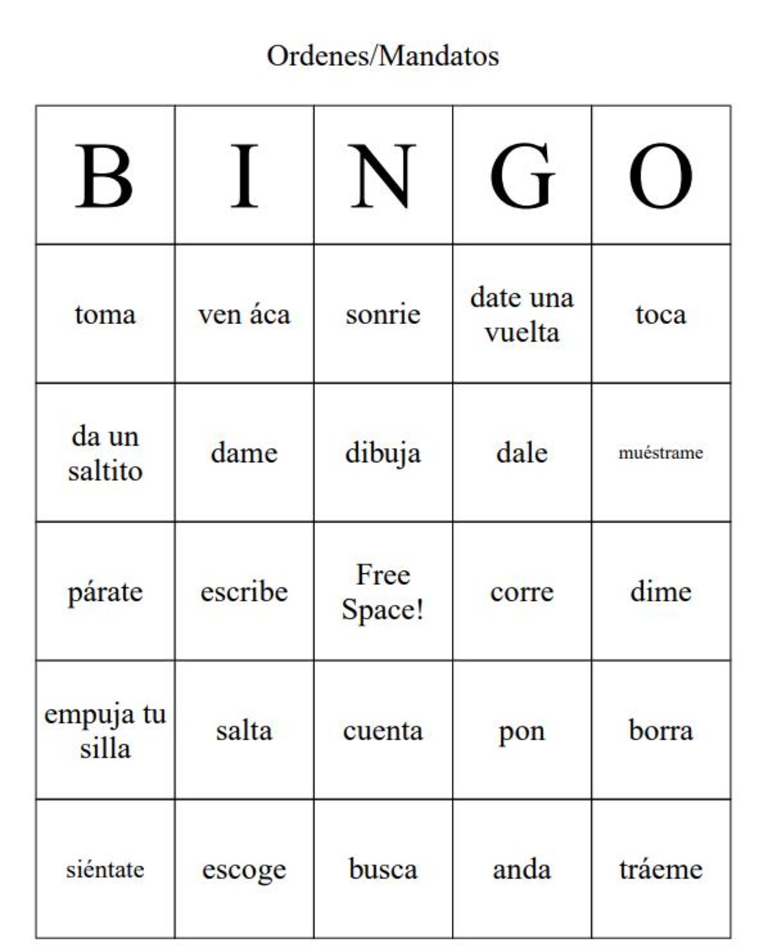 Bingo Vocabulary Targeting Command Words in Spanish - Etsy
