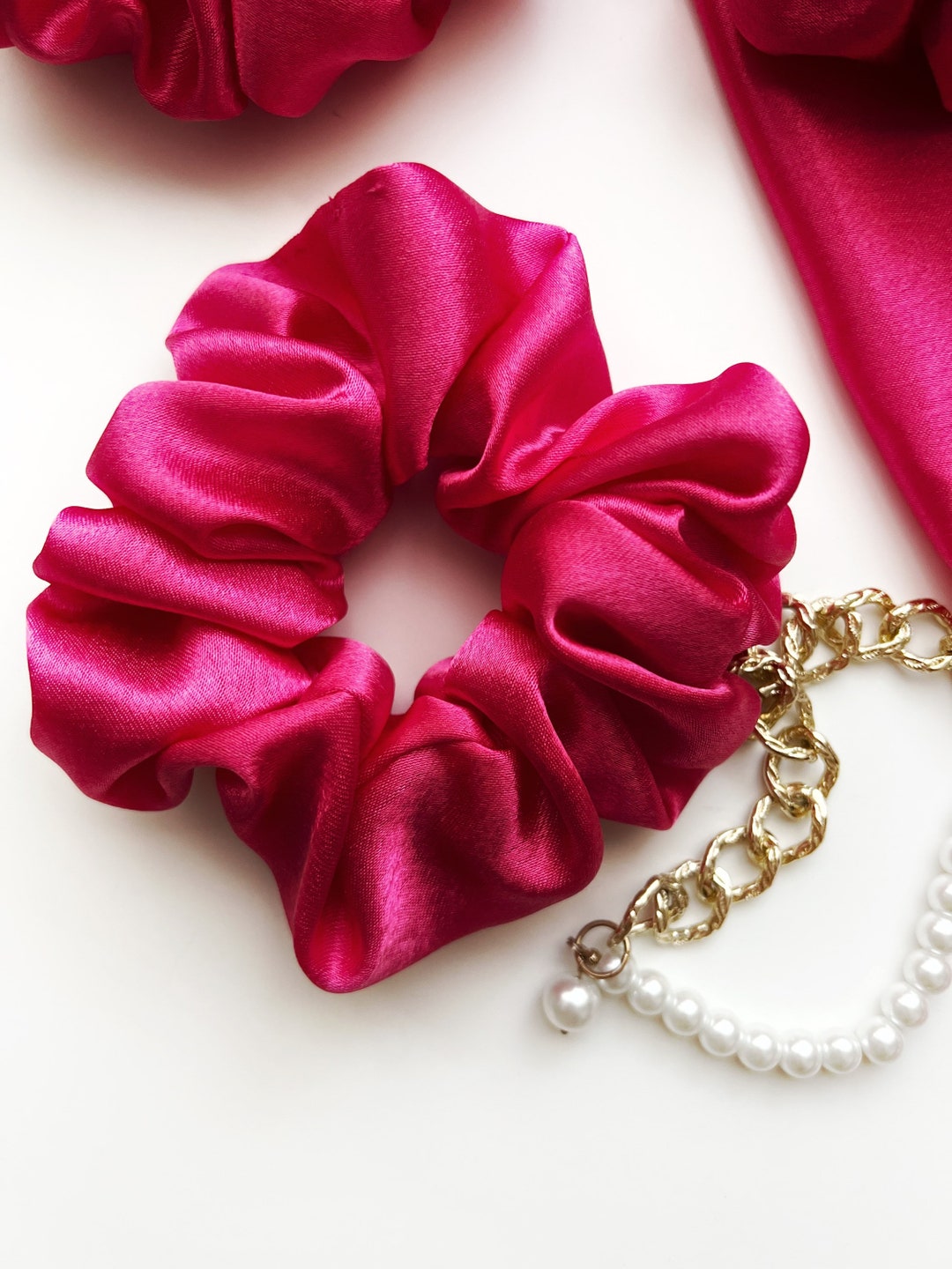 Hot Pink Scrunchie SILK Satin Scrunchies Bridesmaid - Etsy