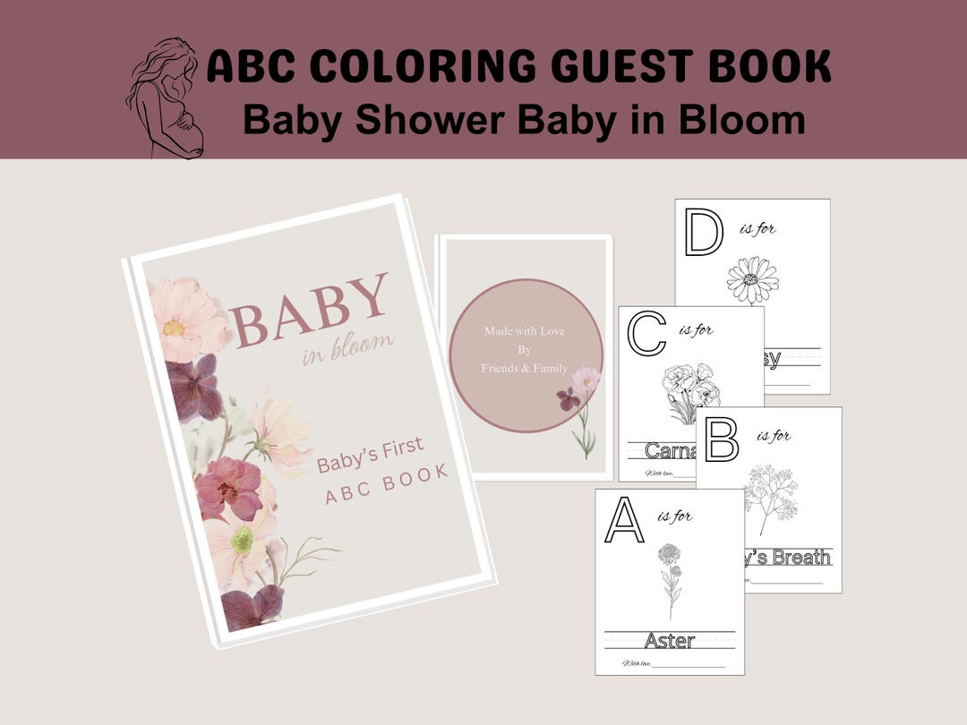 Baby's First ABC Baby Shower Guest Coloring Book Pages Baby in Bloom ...