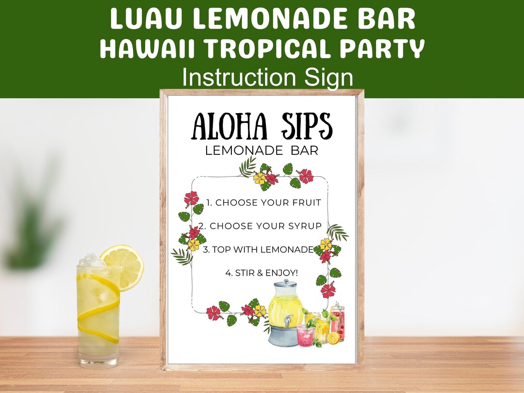 Hawaiian Luau Lemonade Bar Sign, Printable Tropical Theme Party Drink ...