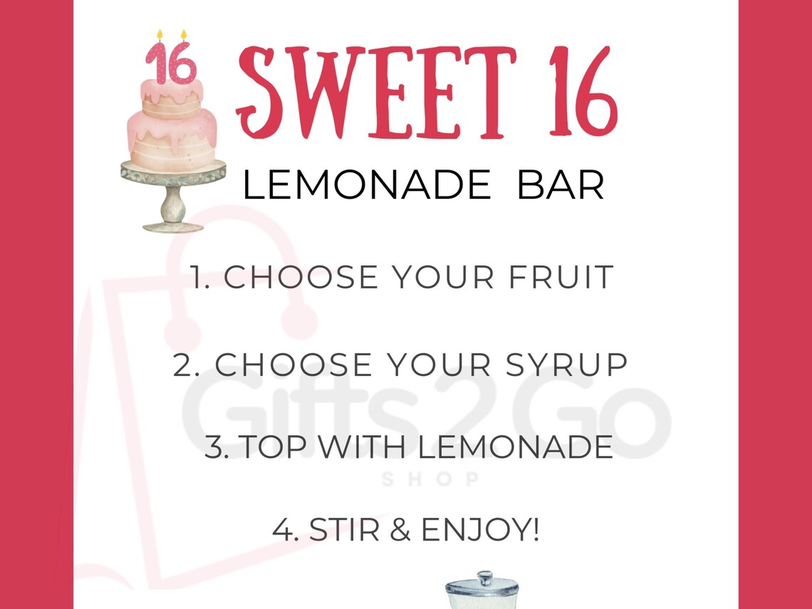 Sweet 16 Birthday Lemonade Bar Sign Printable, Birthday Party Drink ...