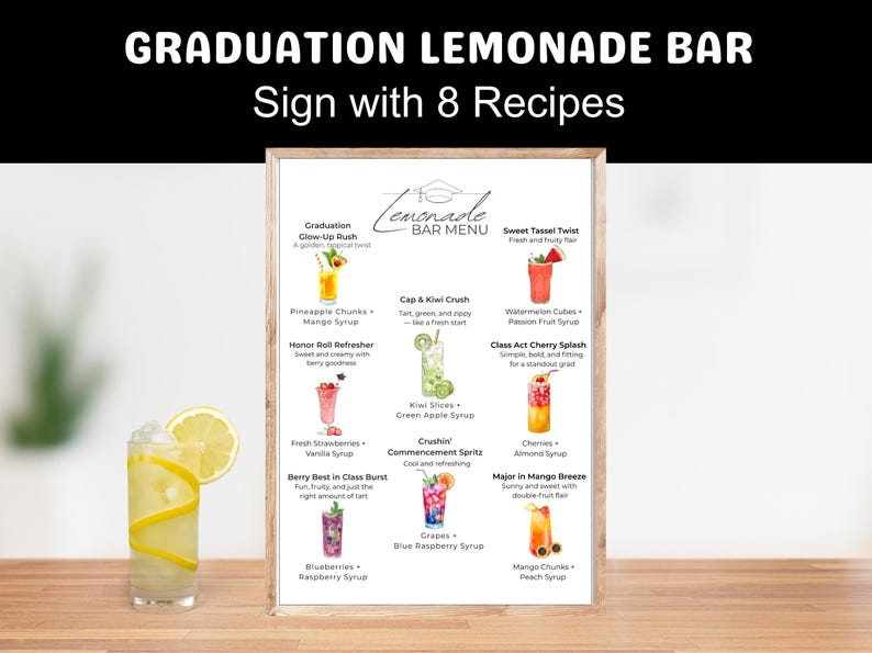 Graduation Party Lemonade Bar Recipe Menu Sign Printable, Grad Party ...