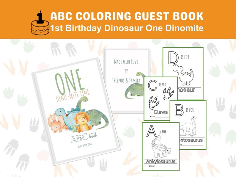 One Dinomite Time Dinosaur ABC Coloring Guest Book, First Birthday ABC ...