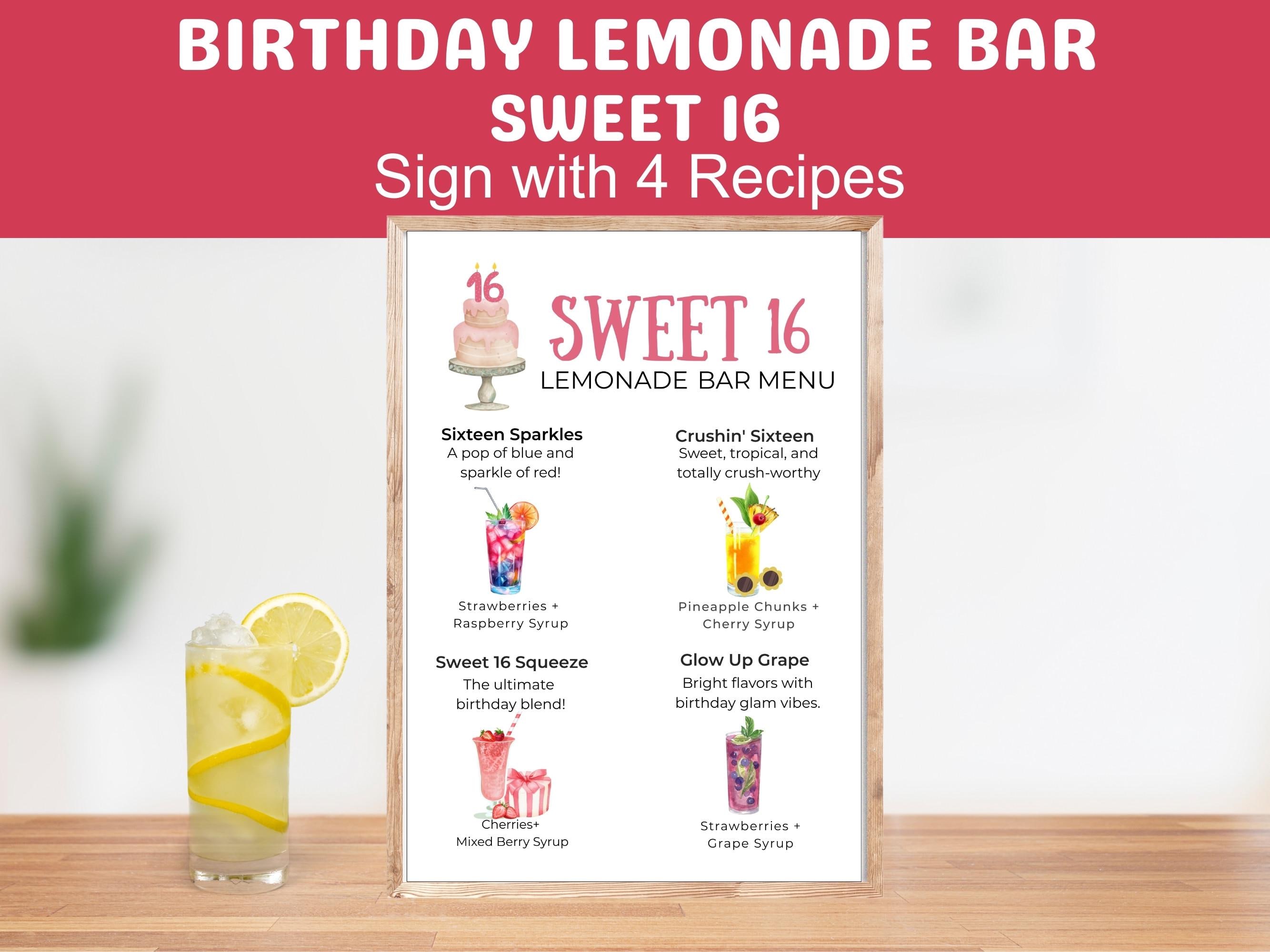 16th Birthday Party Lemonade Bar Recipe Menu Sign Printable, Sweet 16 ...