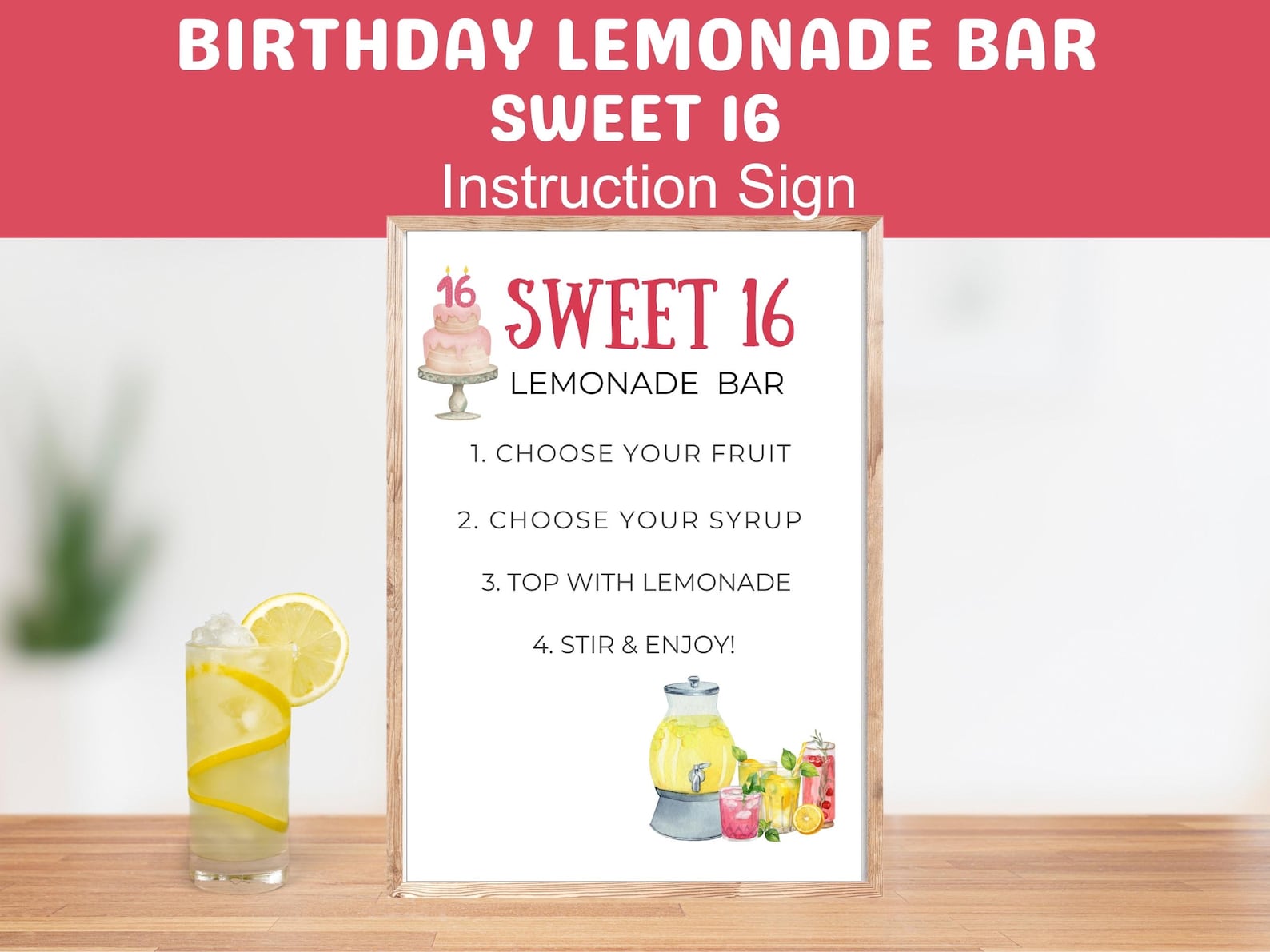 Sweet 16 Birthday Lemonade Bar Sign Printable, Birthday Party Drink ...