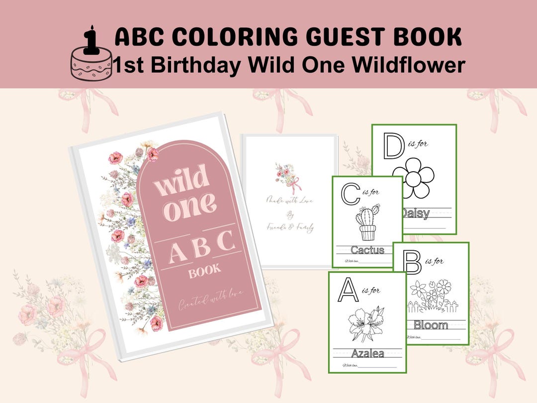 Wild One Wildflower First Birthday Guestbook for Girl Party, ABC ...