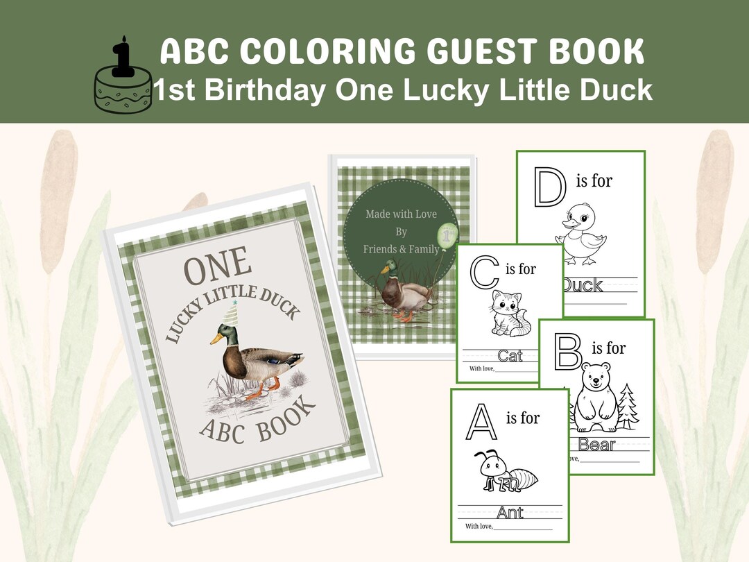 Lucky Duck Mallard ABC Coloring Guest Book, First Birthday ABC Coloring ...