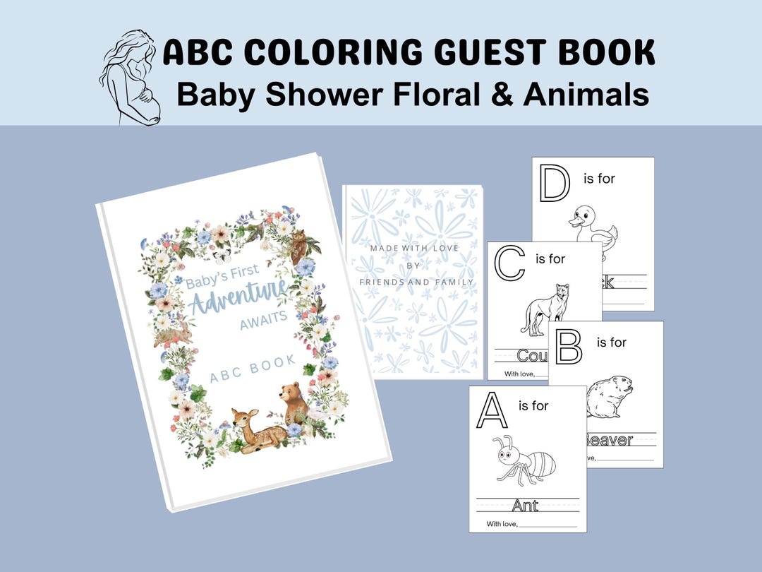 Adventure Awaits ABC Baby Shower Guest Coloring Book Woodland Floral ...