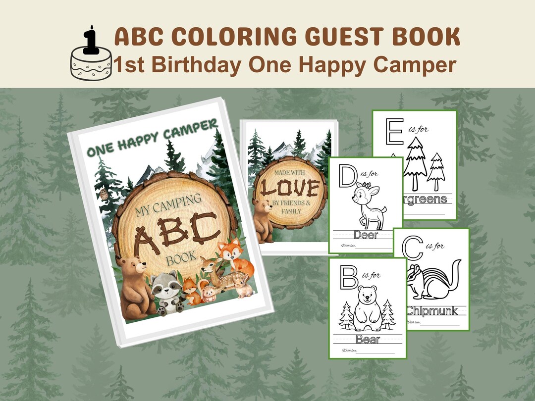 One Happy Camper ABC 1st Birthday Guest Coloring Book, Woodland Forest ...