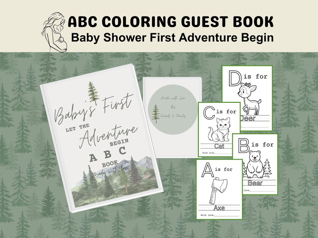 Forest ABC Baby Shower Guest Book Coloring Pages, Baby's First Let the ...