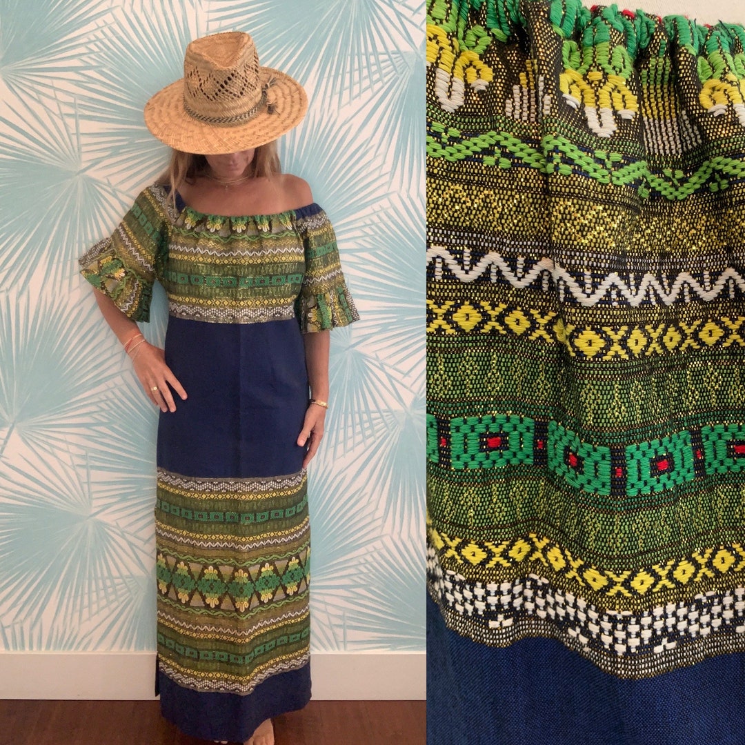 Vintage Guatemalan Indigo and Woven Maxi Dress, Bohemian Caftan, Ethnic ...