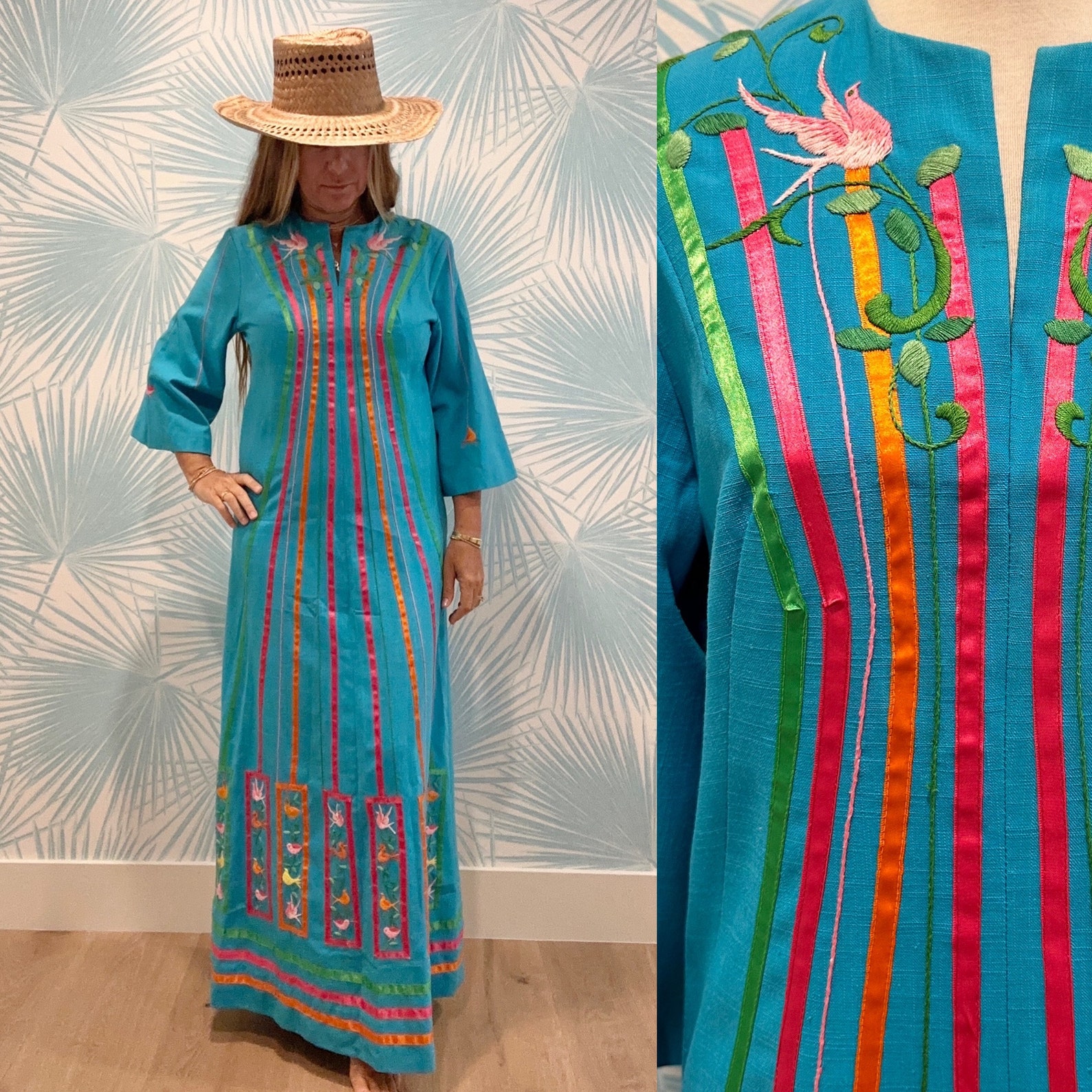 Rare Vintage Mexican Ribbon Embroidered Caftan, Kaftan, Looks Like ...