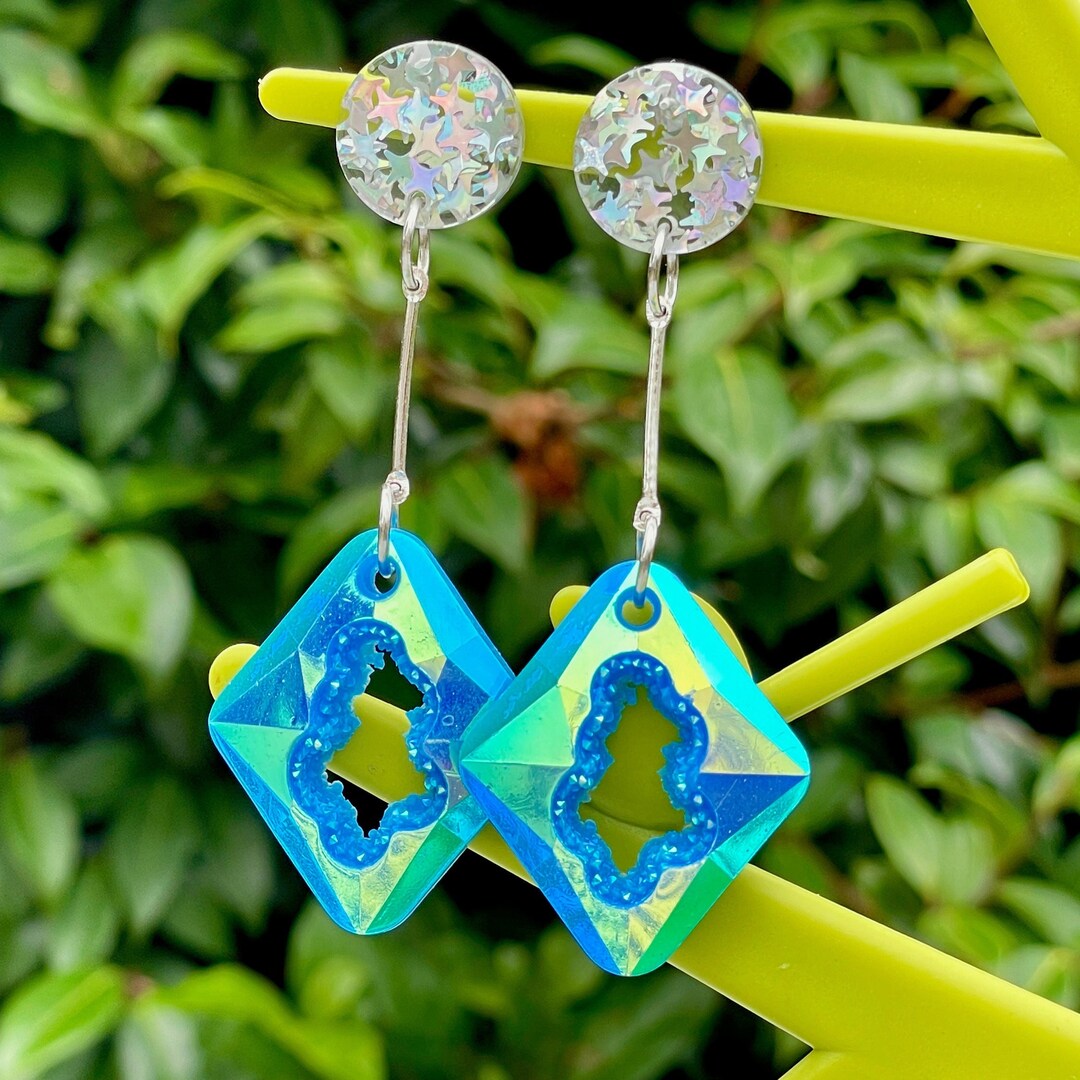 HOLOGRAPH GEODE EARRINGS Resin Cool Neon Pushback Post Blue Disco Gift ...