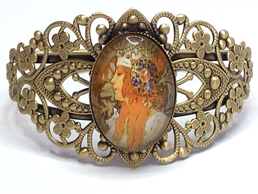 ART NOUVEAU BRACELET Mucha Bronze Adjustable Cuff Glass Cabochon Art ...