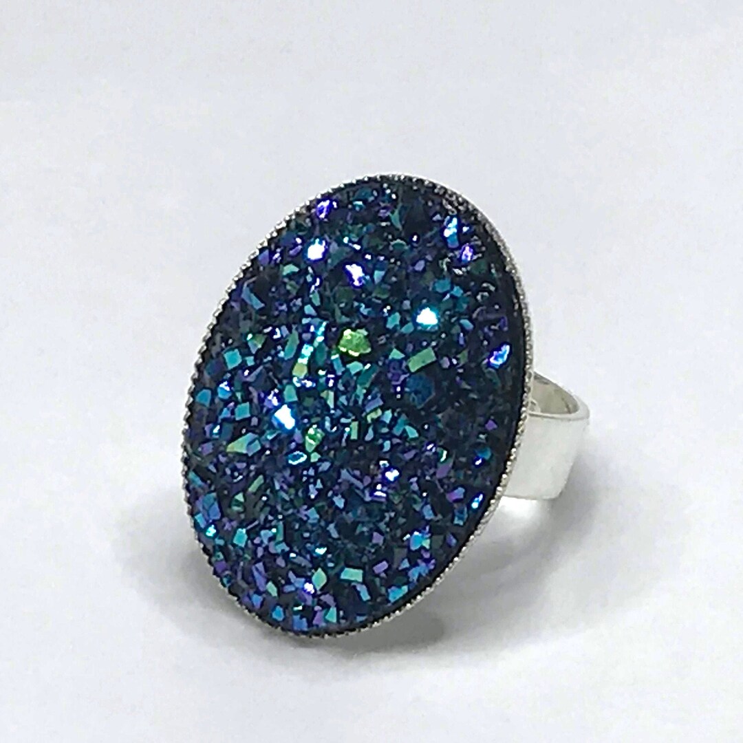 BLUE GLITTER RING Resin Midnight Navy Adjustable Fits All Sizes Silver ...