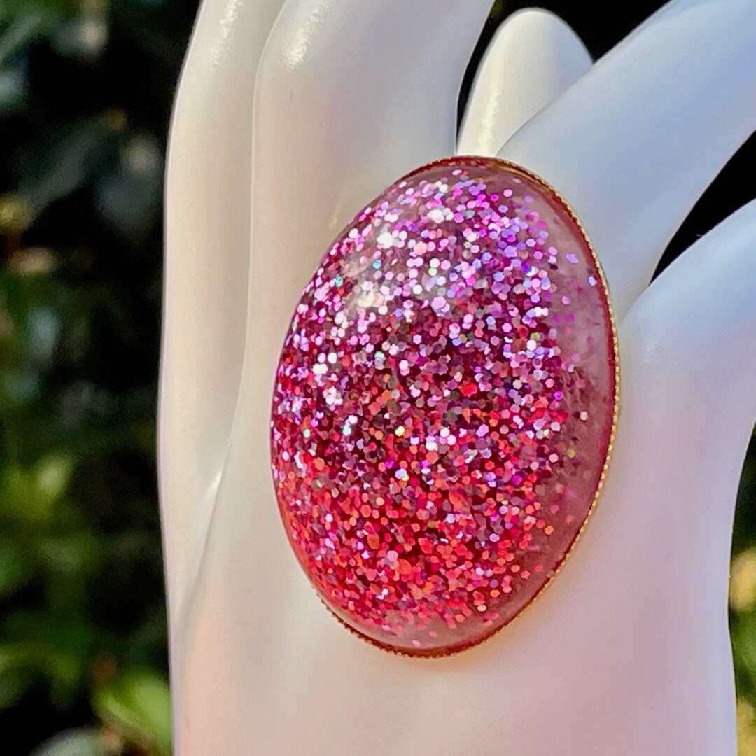 PINK GLITTER RING Extra Large Cocktail Oval Gold Plated Adjustable Fits ...