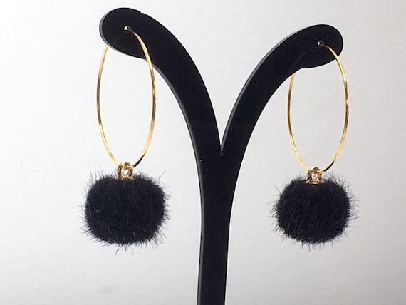 BLACK POMPOM HOOP Earrings Pierced Ears Gold Plated Fake Fur Cute Earrings Kawaii Gift for Her Cool Quirky Cute Earrings Etsy
