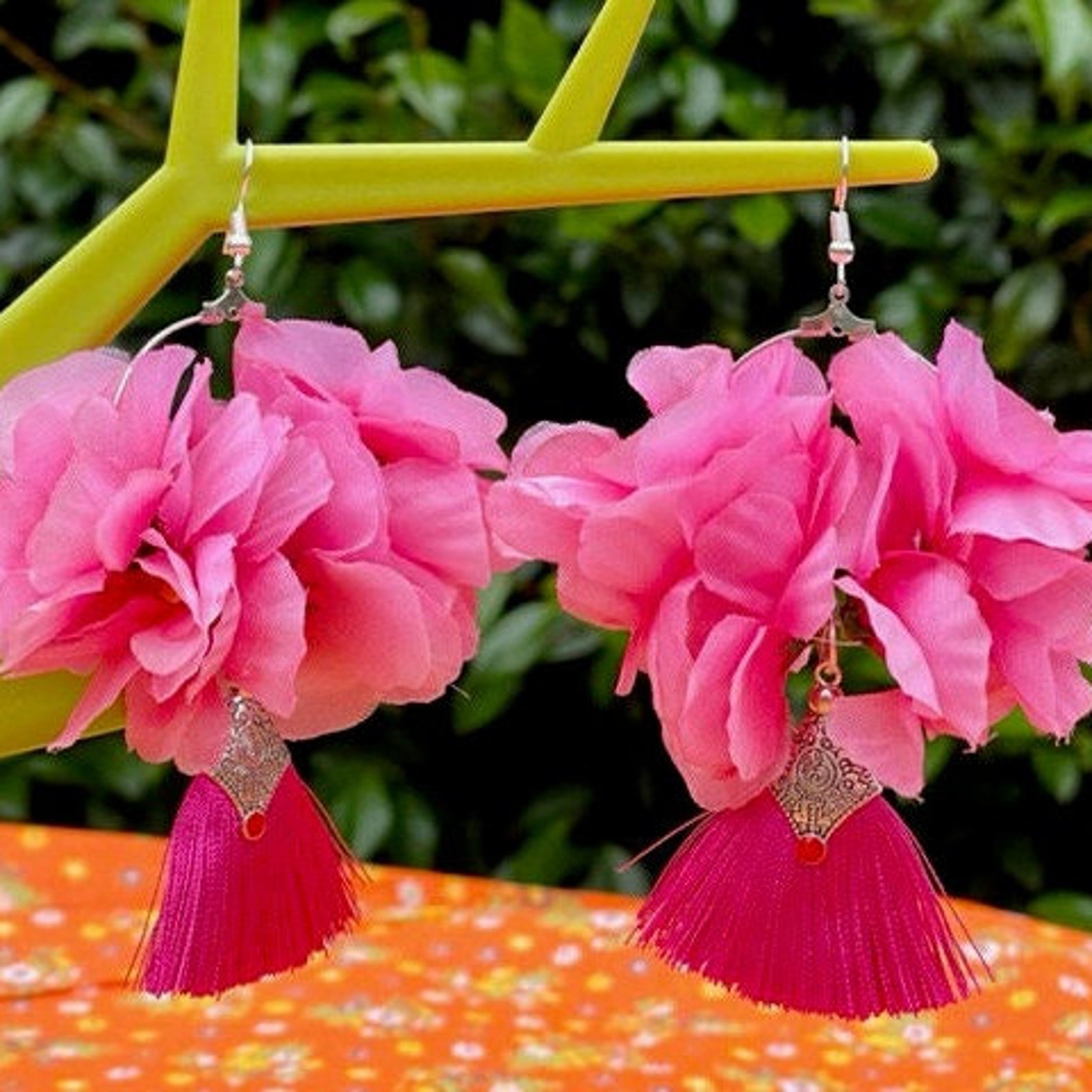 PINK TASSEL EARRINGS Flower Hoops Floral Hoop Hot Pink Neon - Etsy
