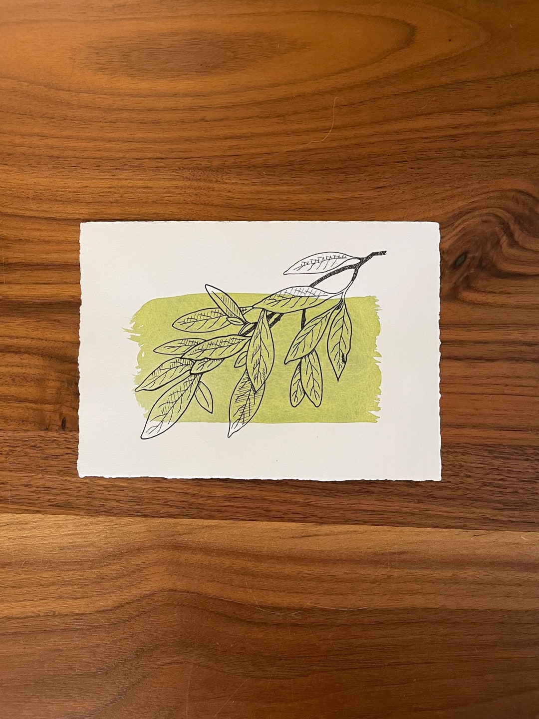 Branch Watercolor and Ink Original Art - Green and Black Realistic ...