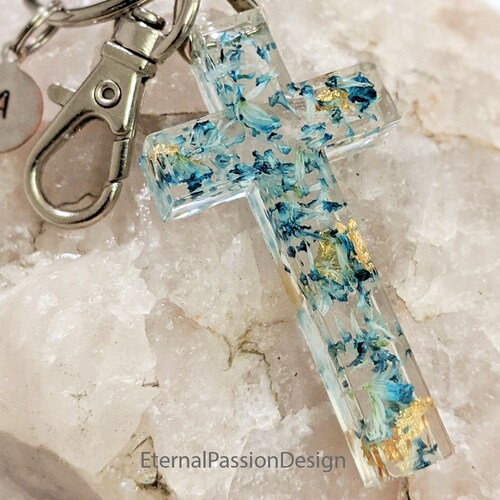 Resin Real Flower Custom Initial Cross Keychain Personalized - Etsy