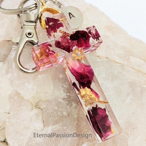 Blue Pressed Flower Cross Resin Personalized Keychain Baptism | Etsy