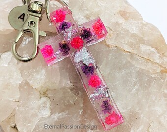 Pink Flower Resin Cross Custom Initial Keychain Personalized | Etsy