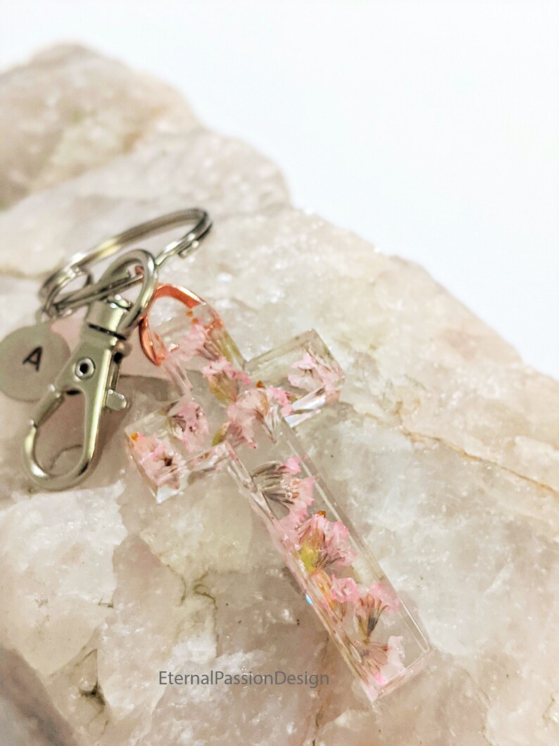Pink Flower Resin Cross Custom Initial Keychain Personalized | Etsy