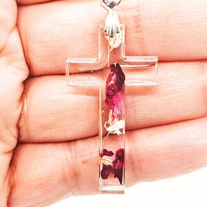 Rose Real Flower Cross Pendant Silver Necklace Resin Pressed - Etsy