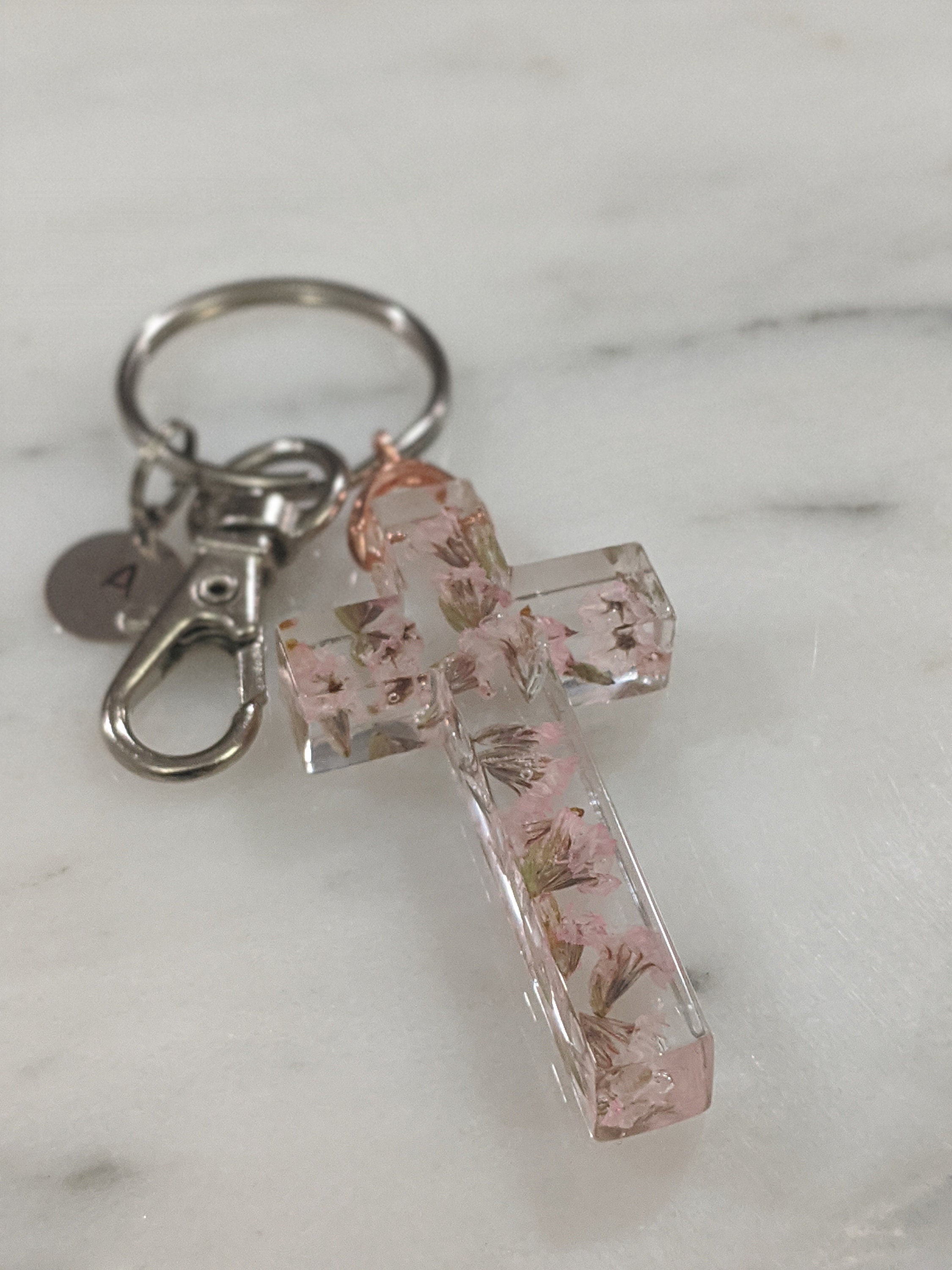 Pink Flower Resin Cross Custom Initial Keychain Personalized | Etsy
