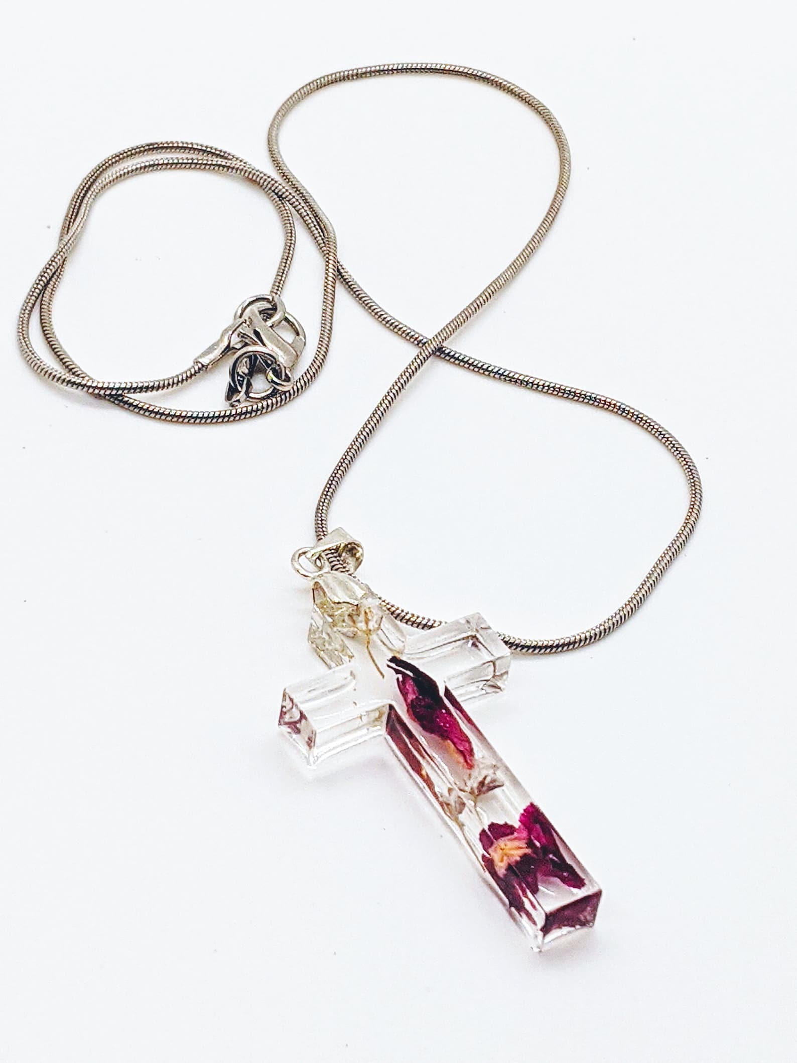 Rose Real Flower Cross Pendant Silver Necklace Resin Pressed | Etsy