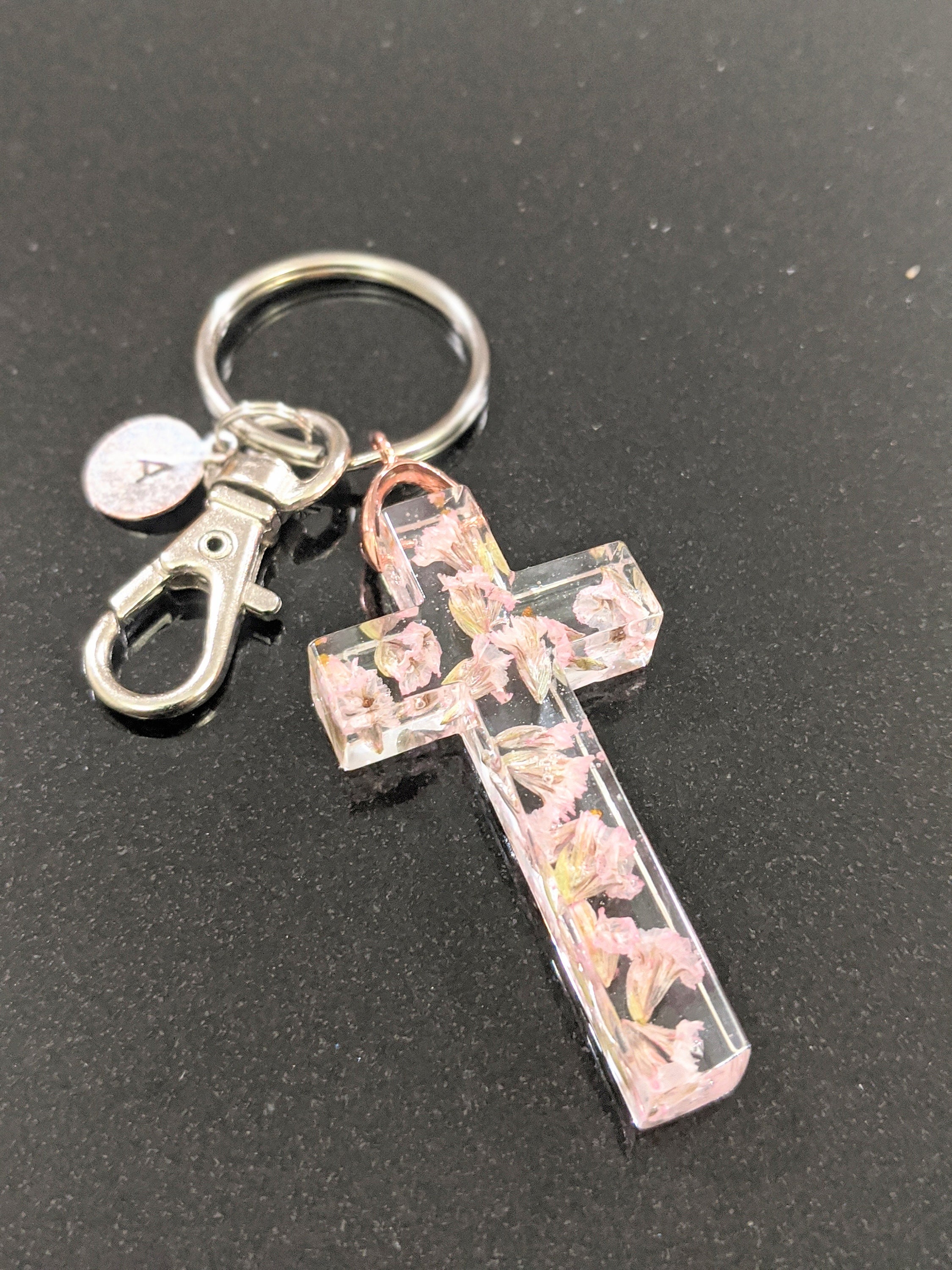 Pink Flower Resin Cross Custom Initial Keychain Personalized | Etsy