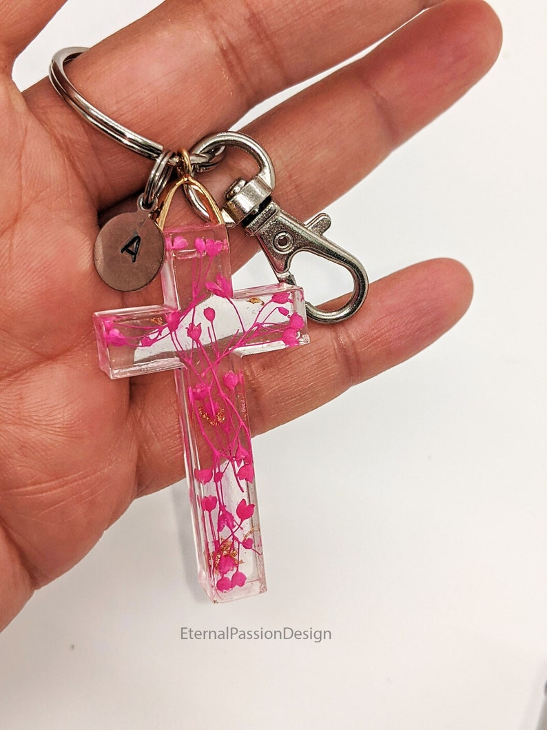 Pink Flower Resin Custom Initial Keychain Cross Unique | Etsy