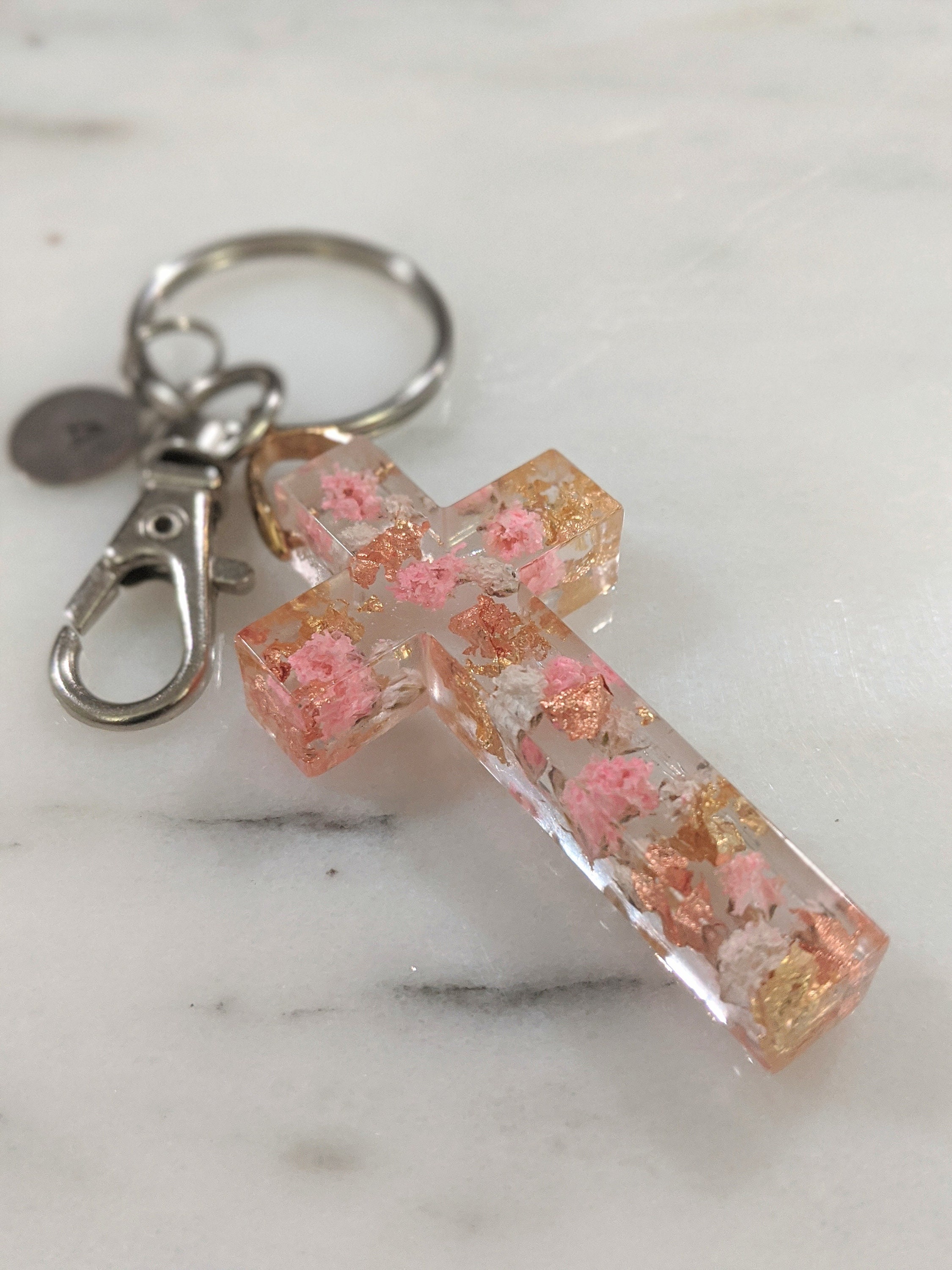 Resin flower Cross Keychain Personalized gift Baptism Gift | Etsy