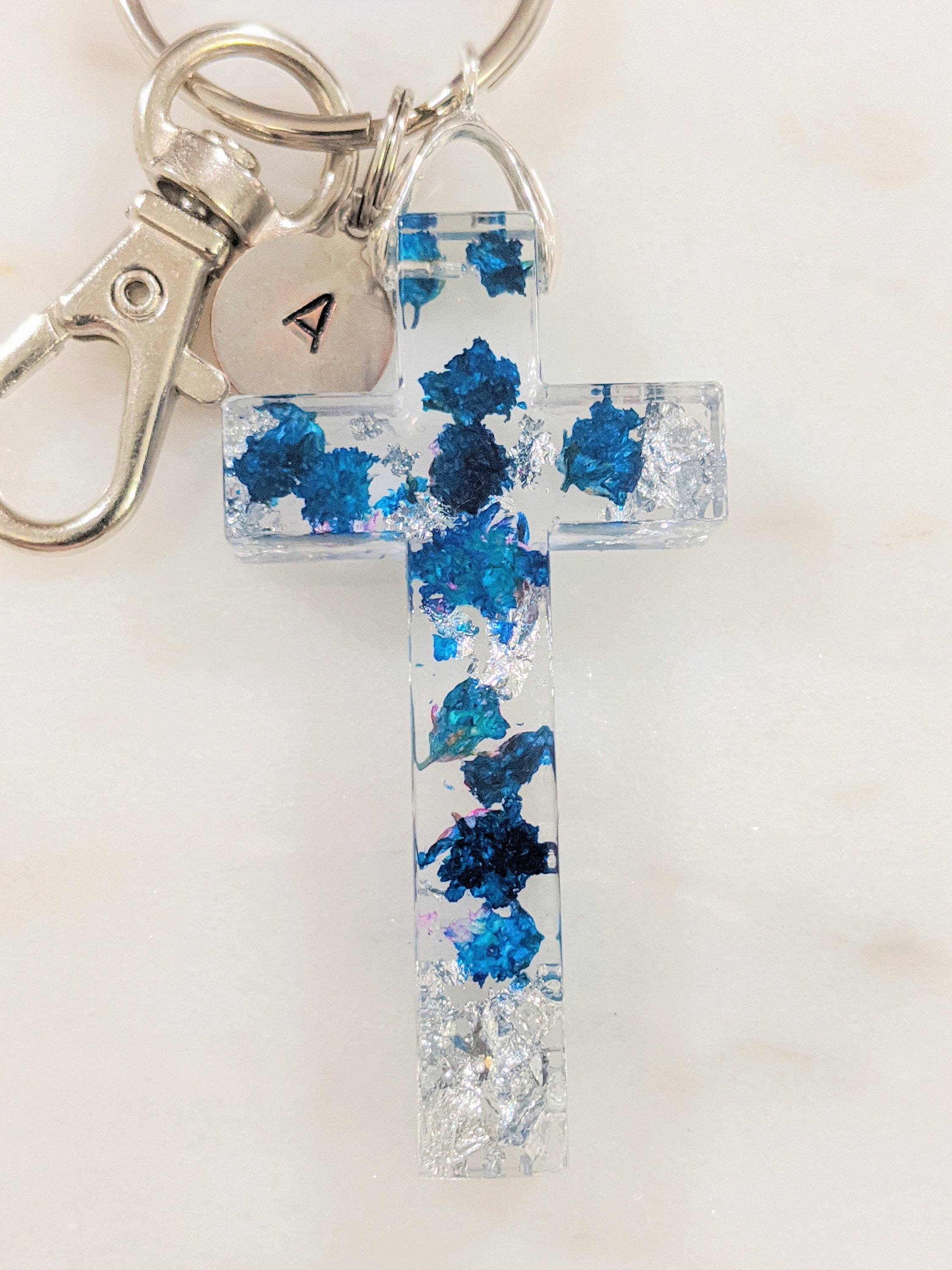 Blue Pressed Flower Cross Resin Keychain Personalized Baptism - Etsy