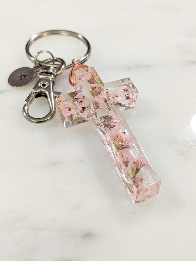 Pink Flower Resin Cross Custom Initial Keychain Personalized - Etsy
