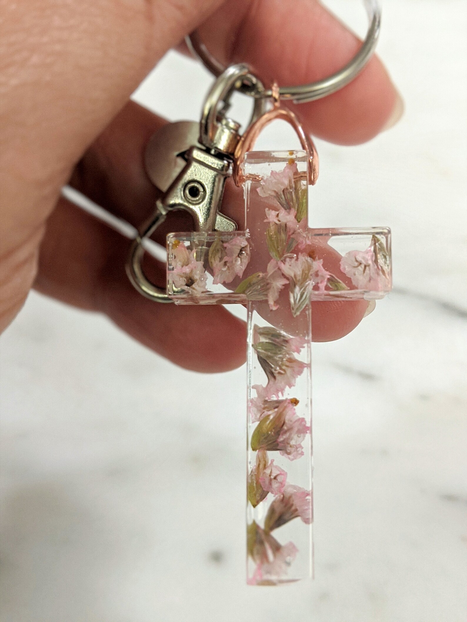 Pink Flower Resin Cross Custom Initial Keychain Personalized | Etsy