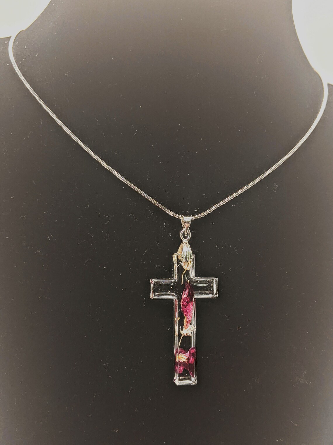 Rose Real Flower Cross Pendant Silver Necklace Resin Pressed | Etsy