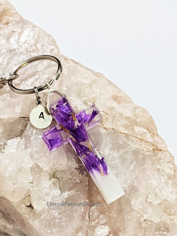 Purple Pressed Flower Resin Keychain Cross Keyring | Etsy